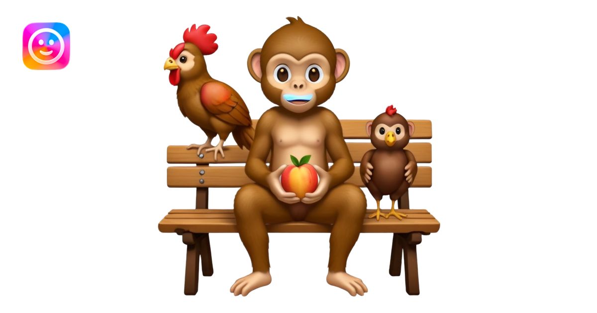 monkey(full body) sitting on a bench and eating peach and chocolate and ...