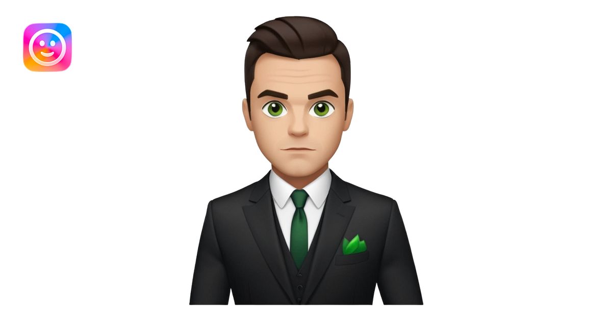 Robbie Williams with dark brown hair, green eyes, suit emoji | AI Emoji ...