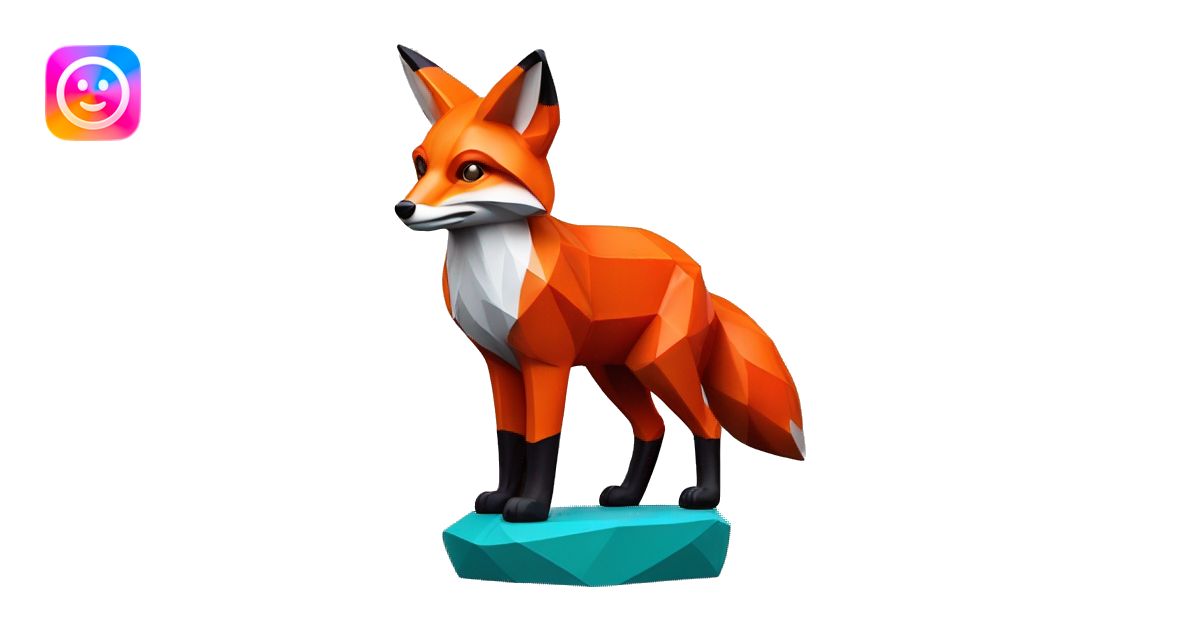 A red fox sculpture with a geometric, faceted design. The fox is standing upright with angular ...