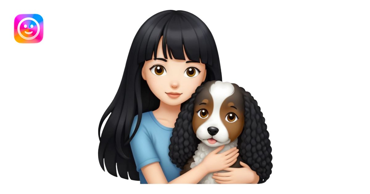 A beautiful girl with long black straight hair and bangs hugs a curly ...