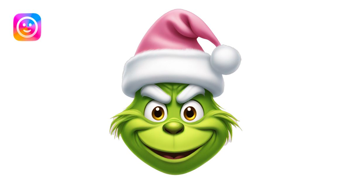 grinch face with a big grin wearing a light pink santa hat emoji | AI ...