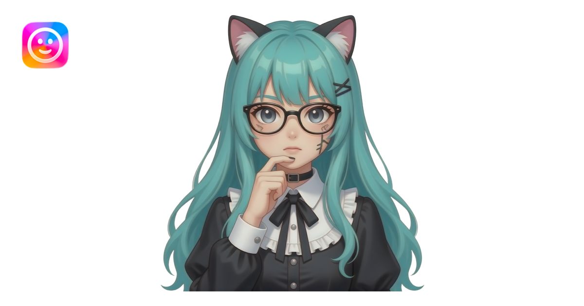 anime girl, thinking very hard, cat frame glasses ,face tattoos, long ...