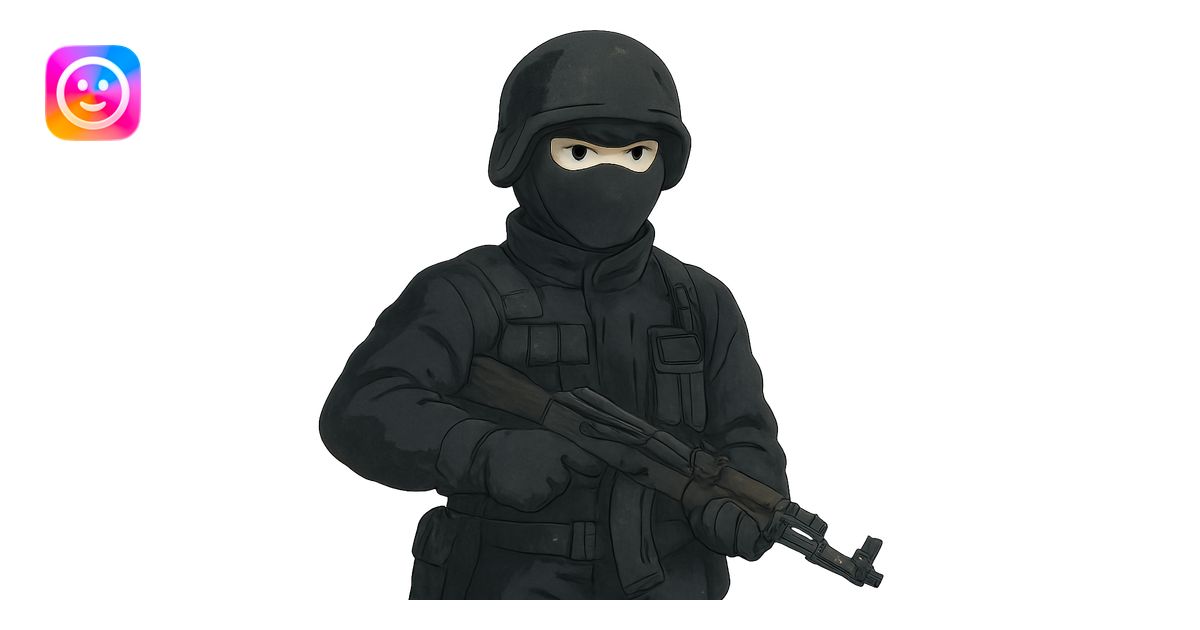 ghibli style armed figure in all-black military clothing, shiesty mask ...