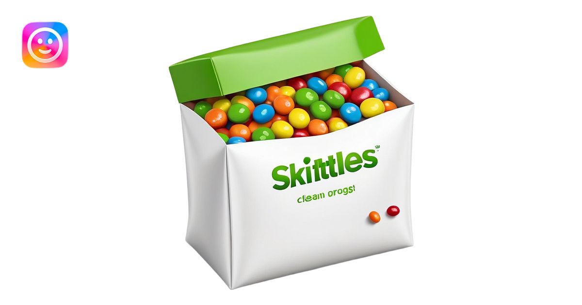 Minimalist top-down view of an open Skittles package with green candies ...