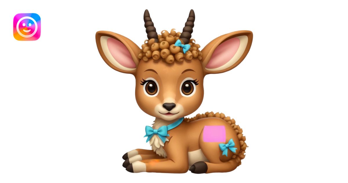 cute gazzelle with curly fur, sitting down, wearing a bow on its head ...