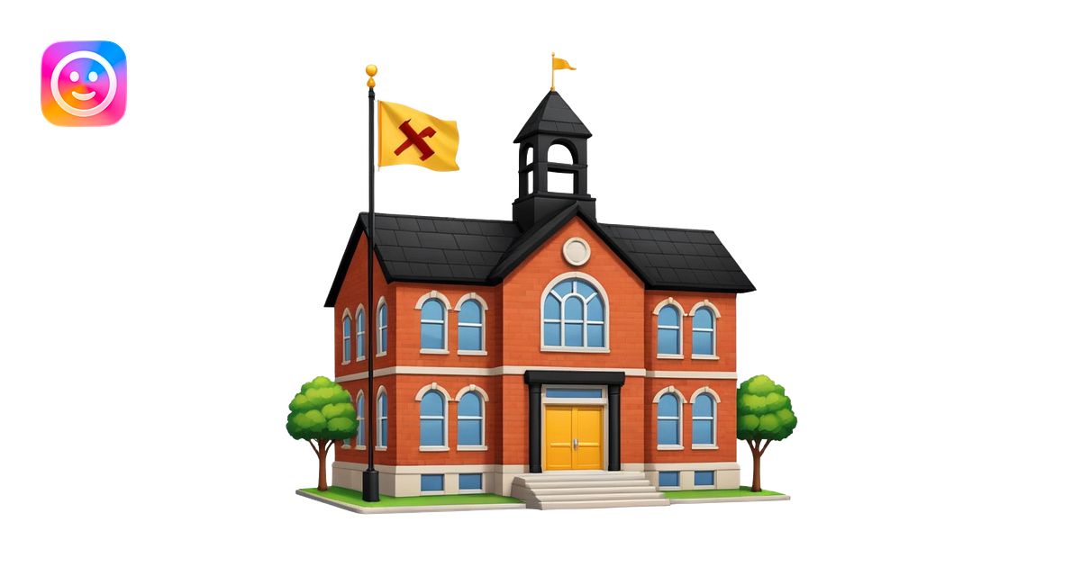 magic school, with a flag, flag on a roof, yellow flag, white school ...