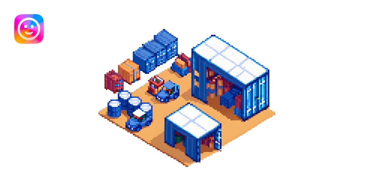 isometric warehouse building with loading dock, shipping containers ...