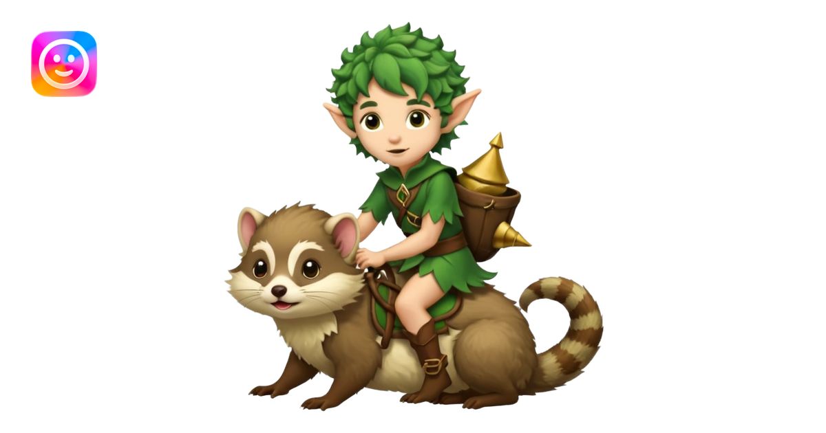 tiny forest elf with messy curls riding ferret emoji | AI Emoji Generator