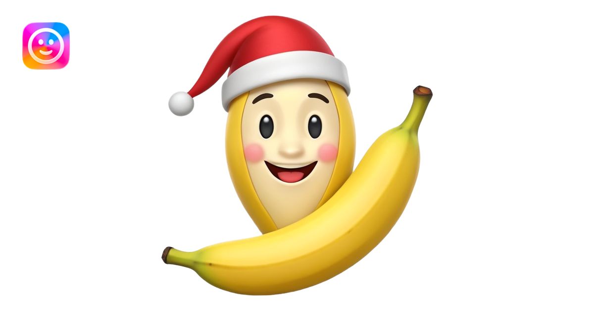 A 3D cartoon banana with a red nose and tiny hat, smiling face, playful ...