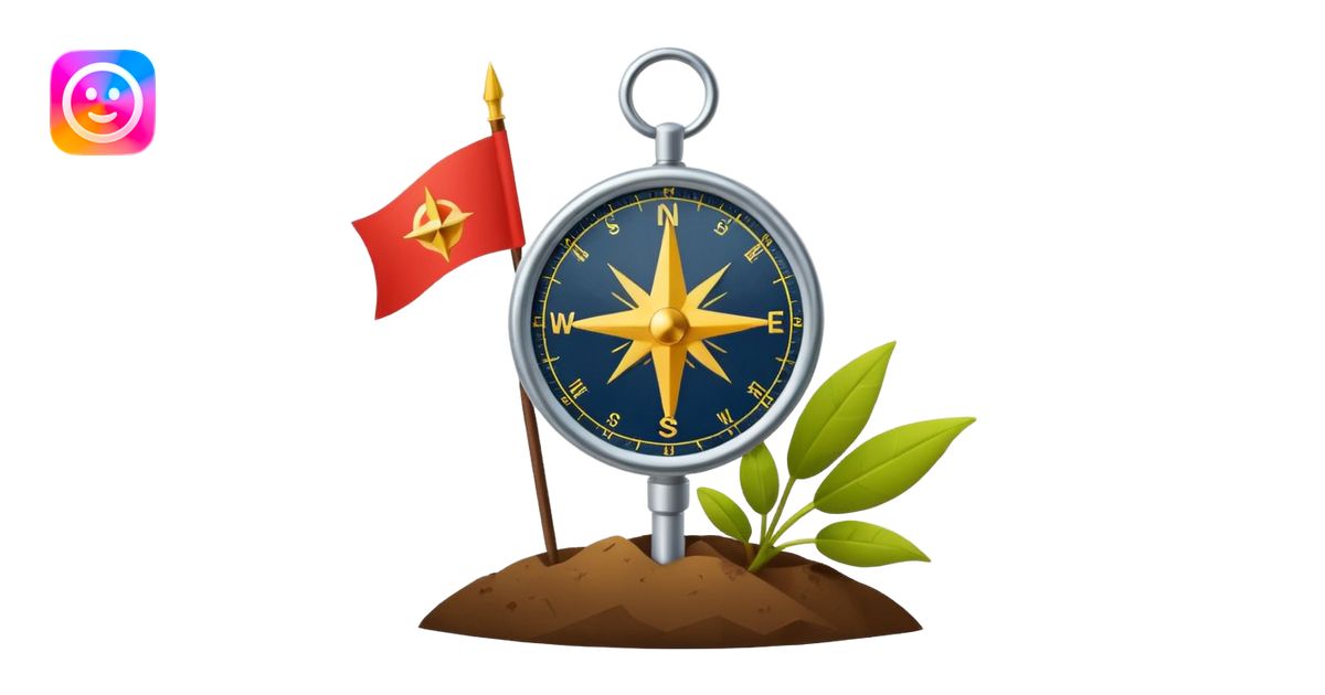 A minimal emoji of a compass pointing toward a planted flag. Flat ...