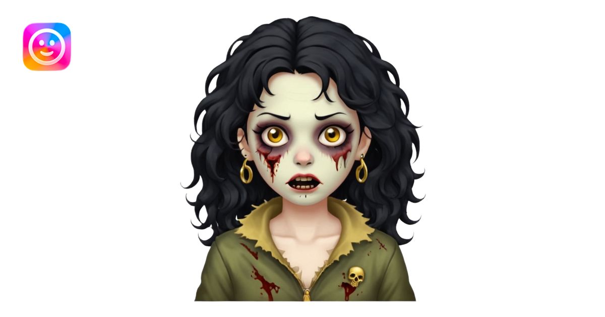 Create a zombie woman with voluminous wavy hair and a gold nose ...