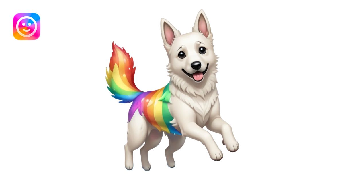 White belgian Shepard jumping over Rain puddles. There is a rainbow in ...