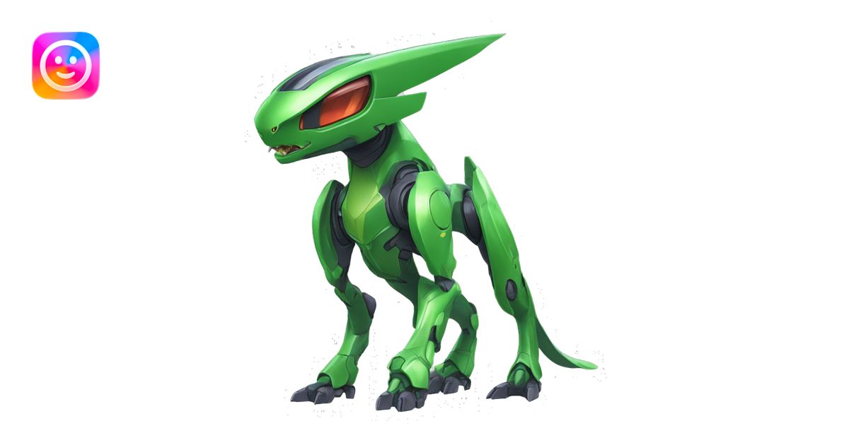a shiny green Genesect-Raptor-Fakémon—hybrid with a futuristic visor ...