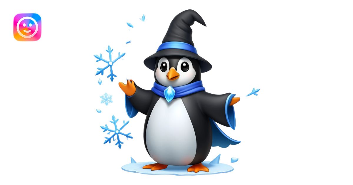 penguin wizard casting an ice spell with snowflakes and frost emoji ...