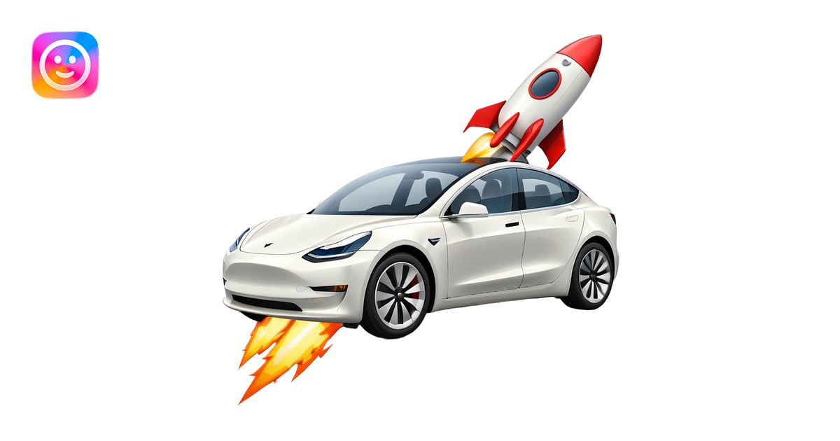 Tesla model 3 white. Rocket boost on roof emoji | AI Emoji Generator