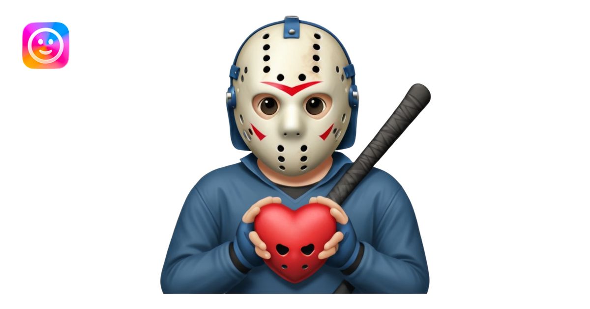 a cartoon image of Jason Voorhees, looking cute, with his hands clasped ...