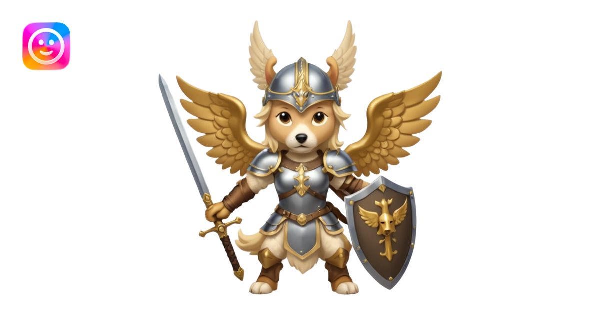 dog freya has sword and shield. she is a valkyrie and has wings ...