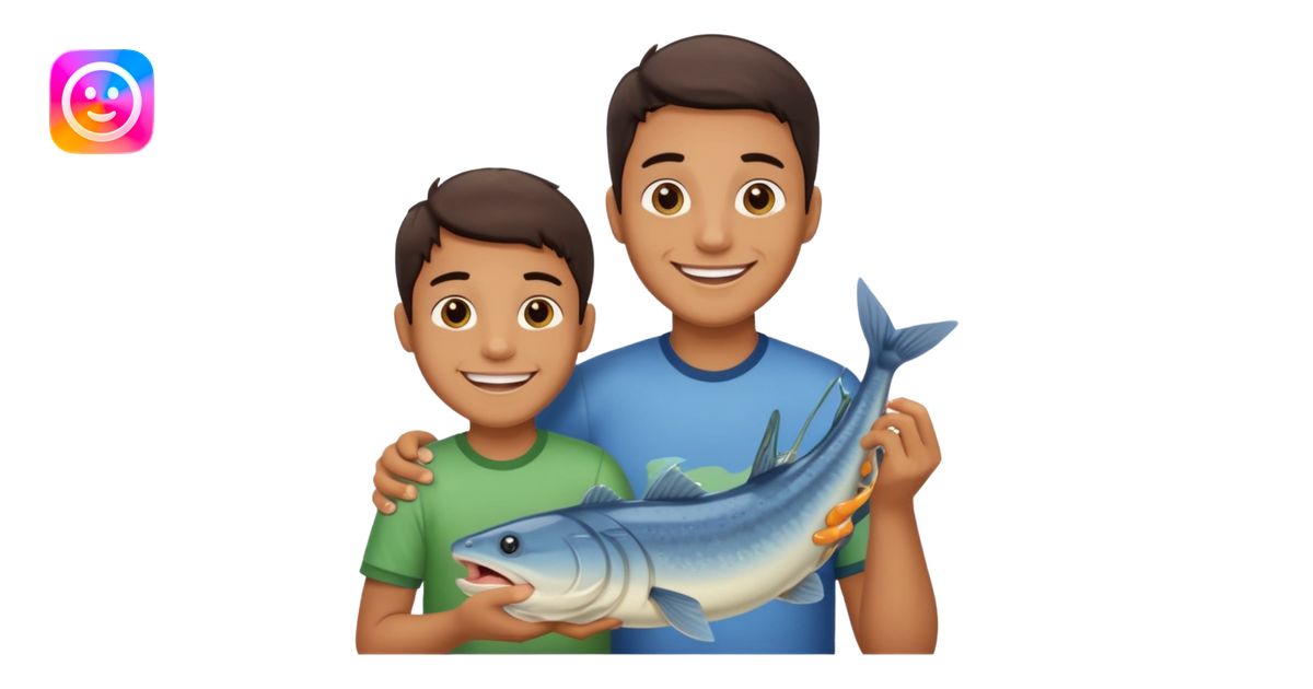 Father and son happy after catching a catfish emoji | AI Emoji Generator