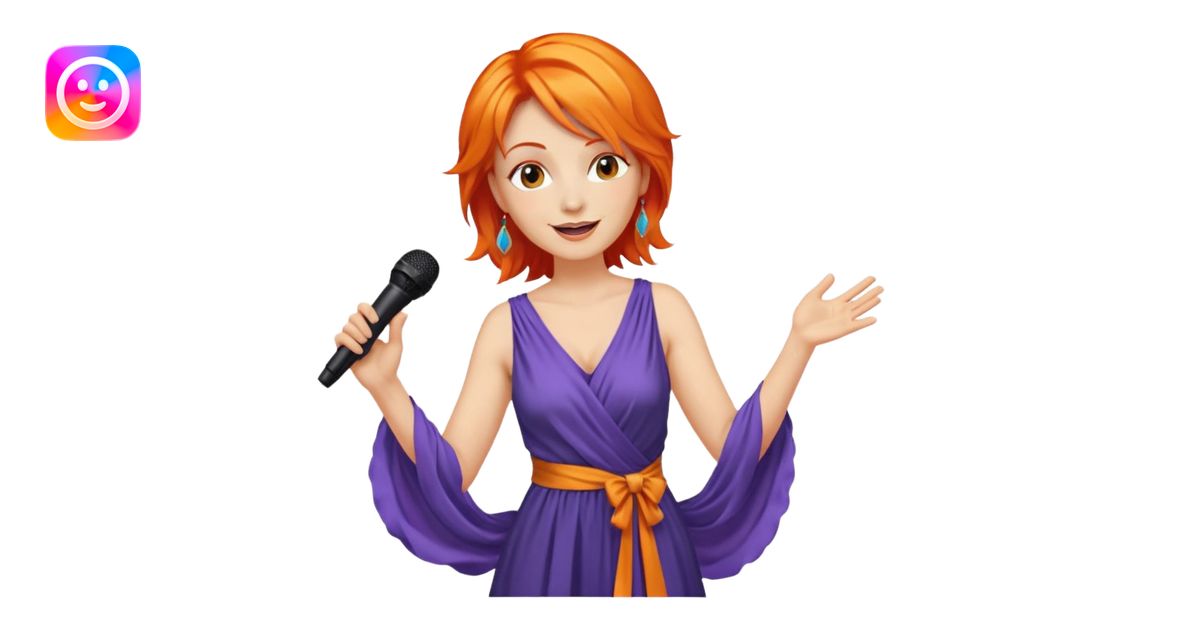 singer, Middle age, orange hair, happy, holding mic, wearing dress ...