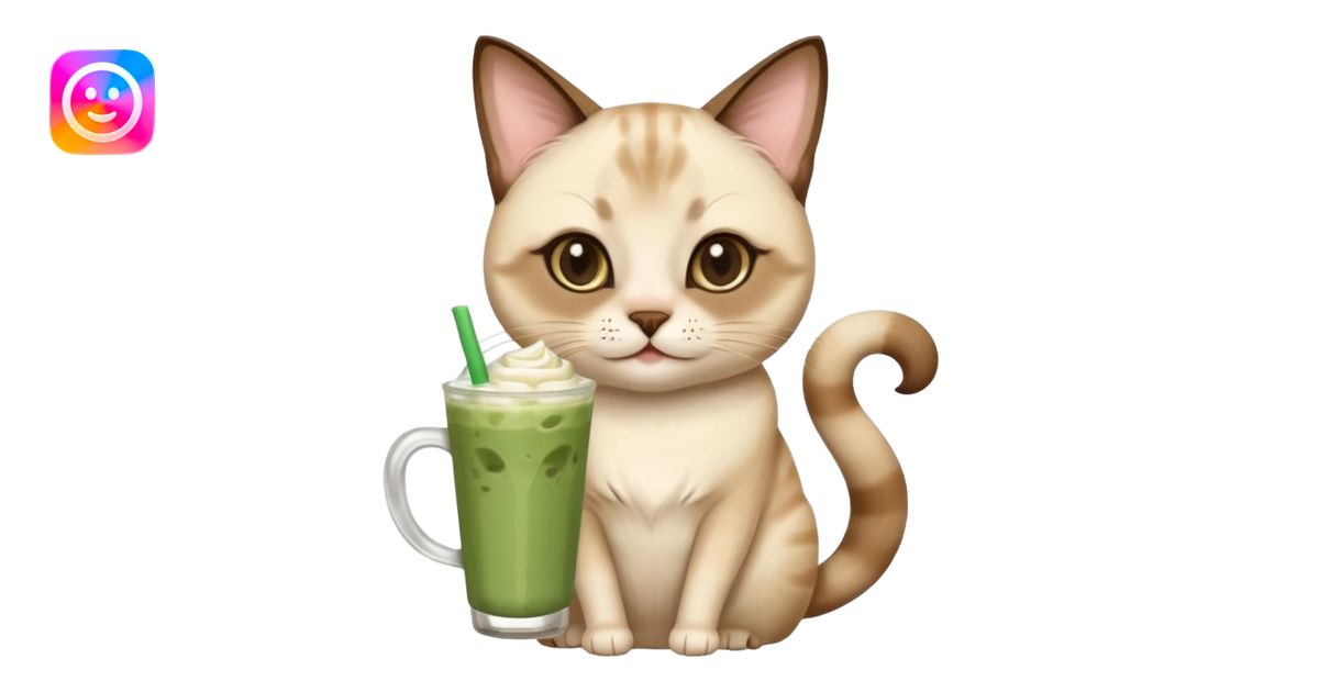 Happy Siamese Cat holding in its front two paws an iced matcha latte ...