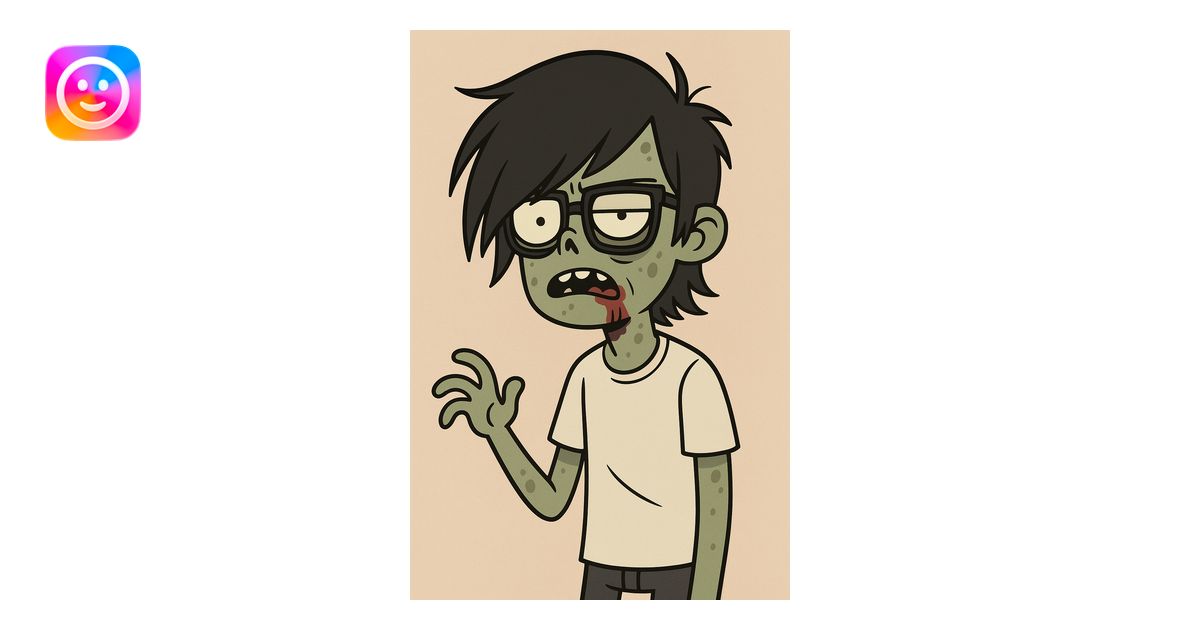 zombie boy with long black emo hair, glasses and white shirt, cartoon ...