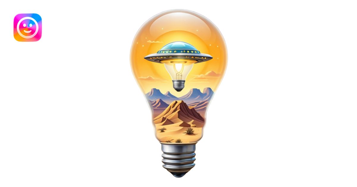 Lightbulb with a desert scene and UFO inside emoji | AI Emoji Generator