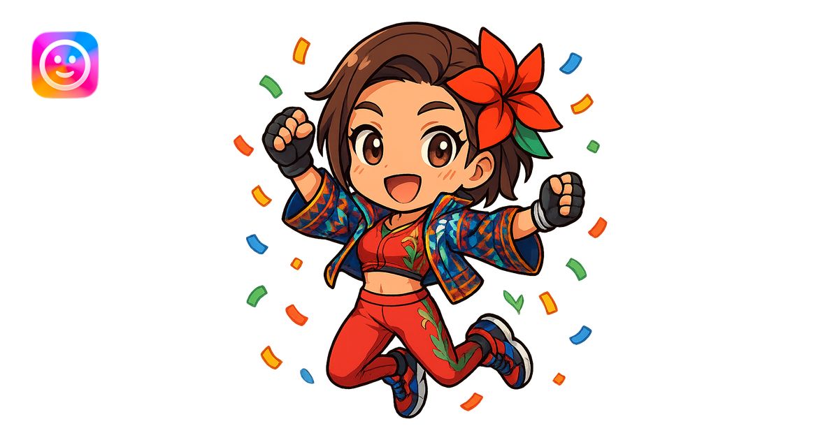 Azucena from Tekken 8 in chibi sticker style, jumping with confetti ...
