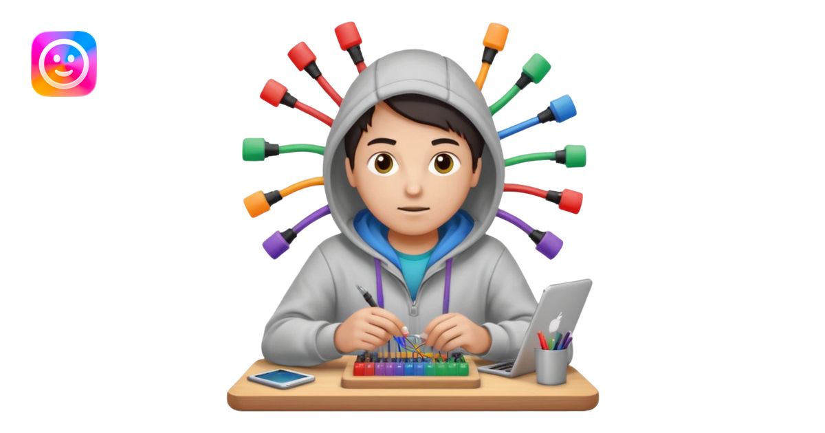 An emoji of an engineer working on a complex breadboard with many ...
