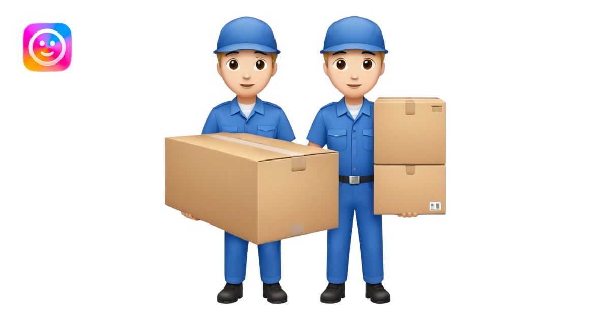 two workers in blue uniforms and hat caps carrying a large box emoji ...