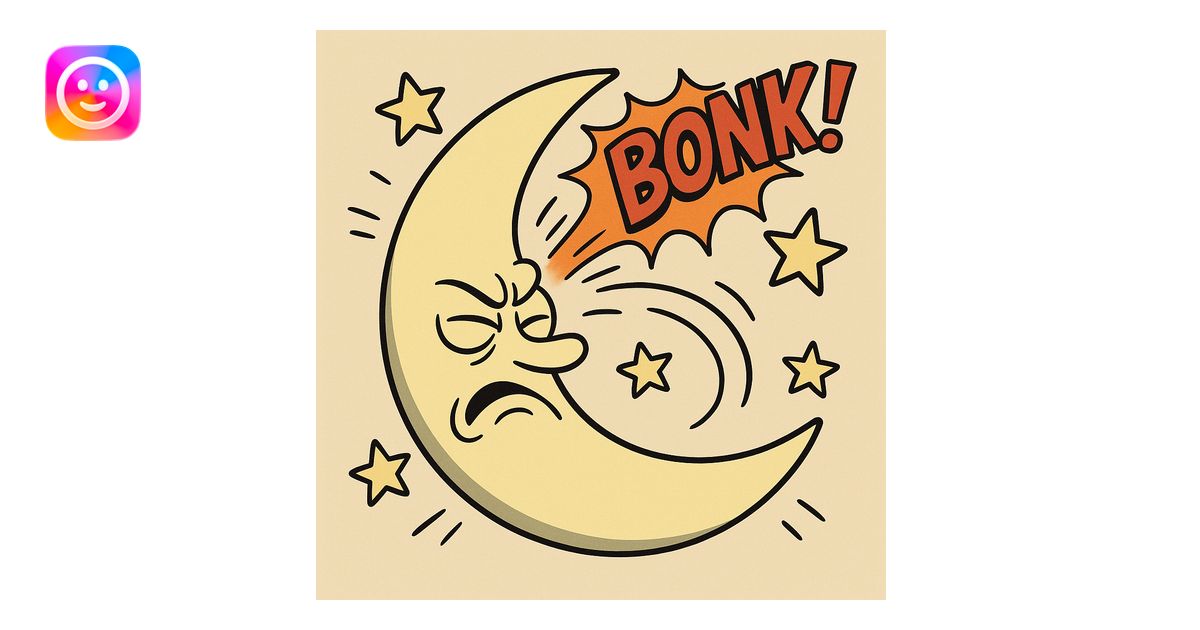a crescent moon with a comic-style bonk effect, stars flying, cartoon ...