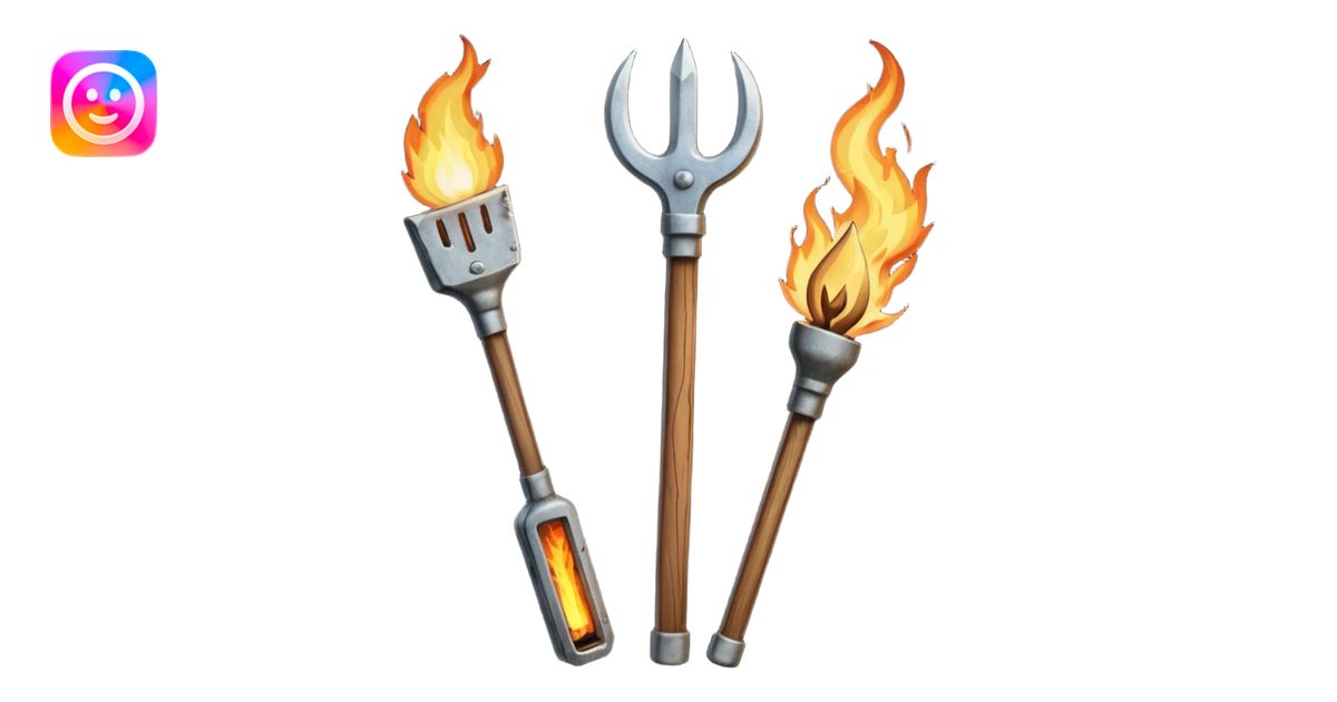 a three pronged farmer's pitchfork and a torch in an x formation emoji ...
