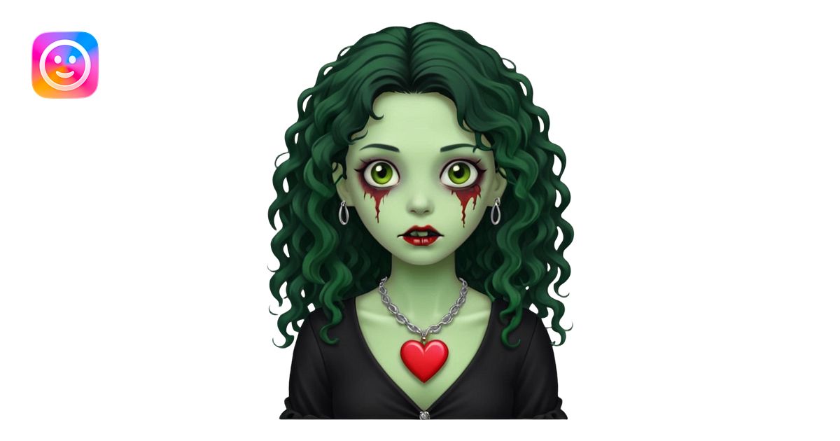 a green zombie girl with a scar on her face, long curly hair, wearing a ...