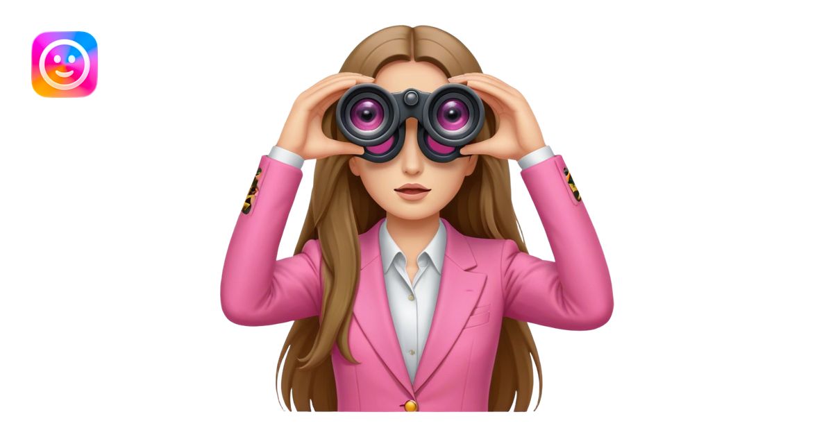 woman with long hair in a pink suit looking through two-eyed binoculars ...