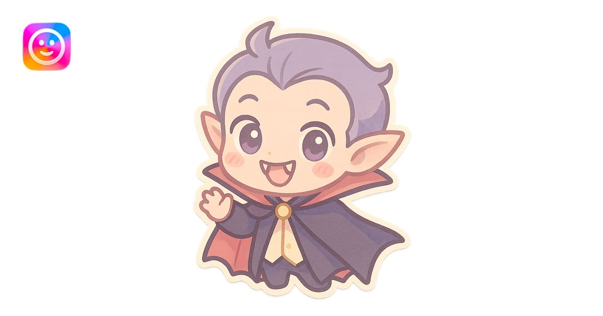 chibi vampire with tiny fangs, cute cape, big eyes, playful expression ...