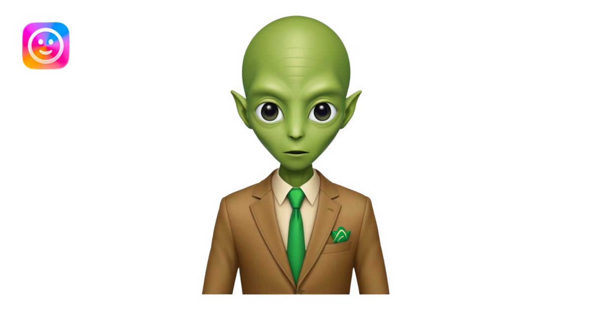 Green tall alien wearing Louis Vutton suit emoji | AI Emoji Generator