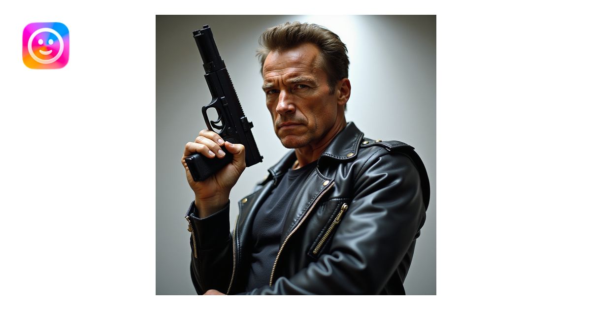 realistic style, Arnold Schwarzenegger as the Terminator, holding a ...