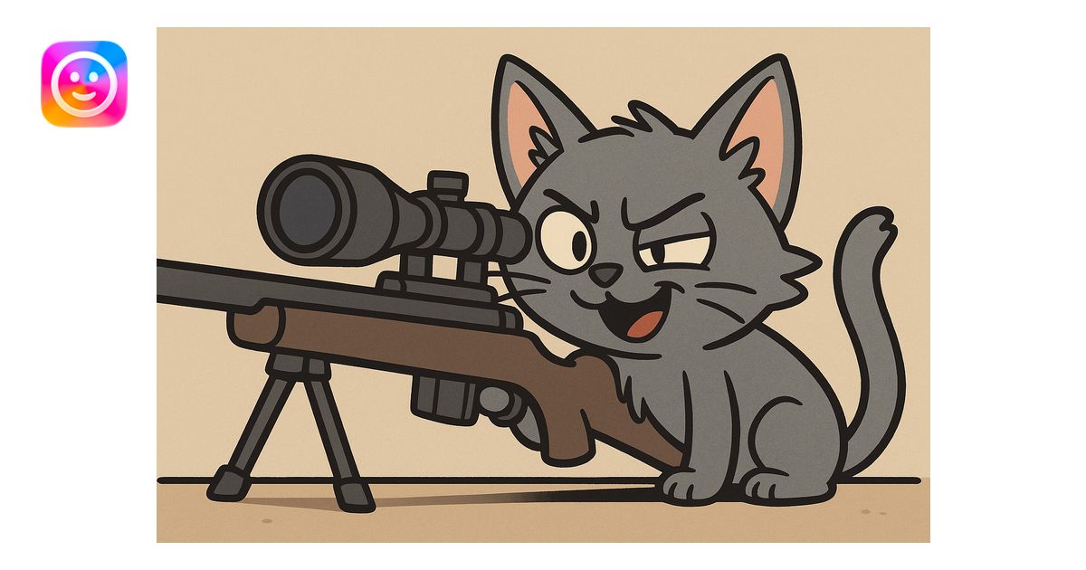 cartoonish small grey cat peeking behind a sniper rifle, cute and ...