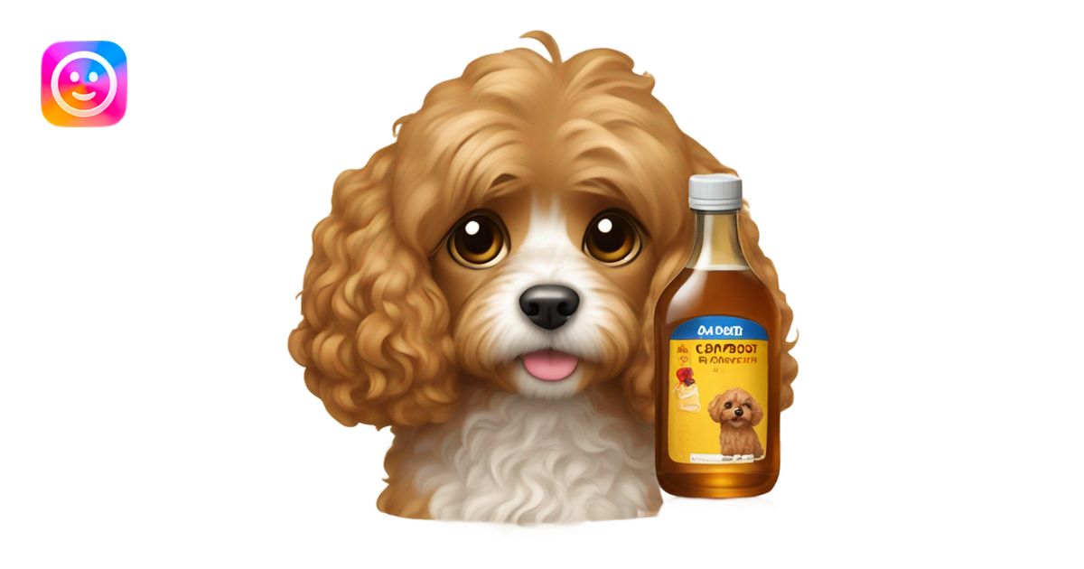 A cavapoo with light brown fur laying with a bottle of maple syrup next ...