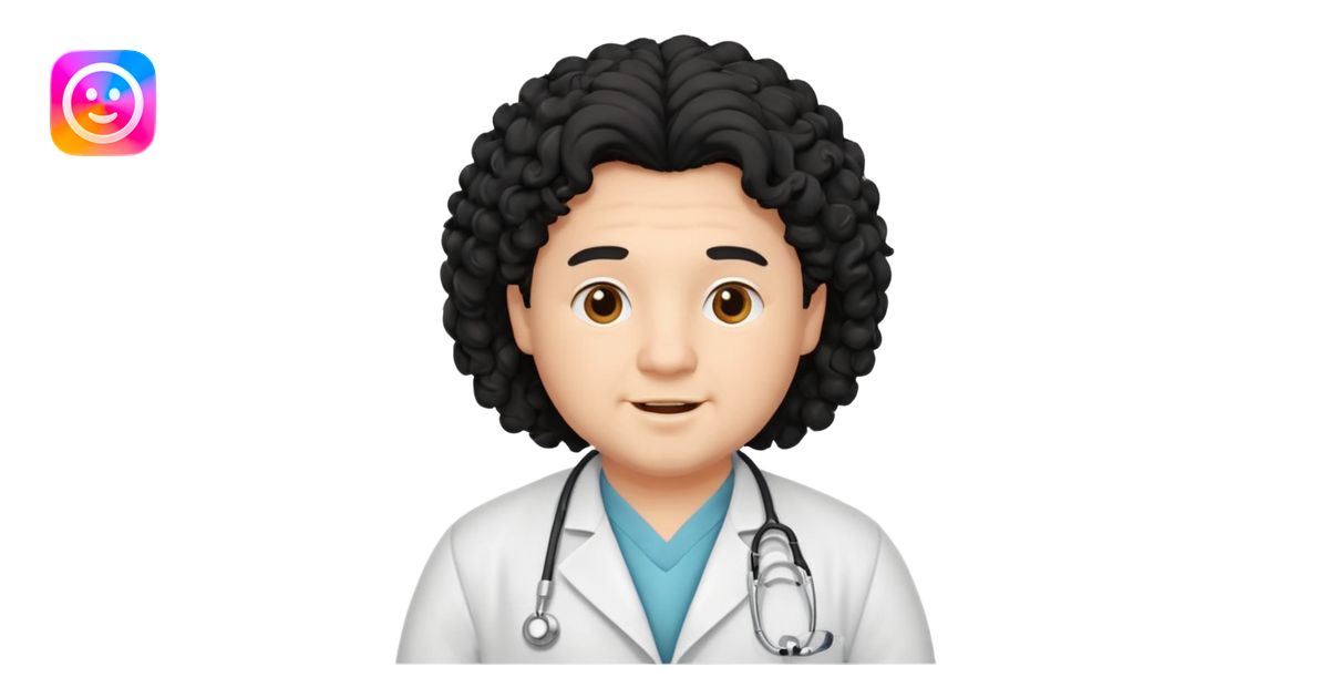 a young chubby male doctor with black long curly hair and cheerful face ...