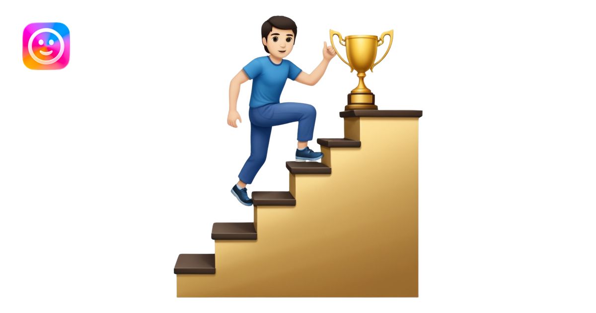 A man with fair skin and dark hair is climbing stairs to grab a trophy ...
