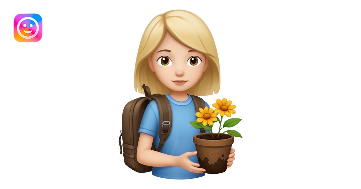 young girl wearing packpack, holding a flower pot emoji | AI Emoji ...
