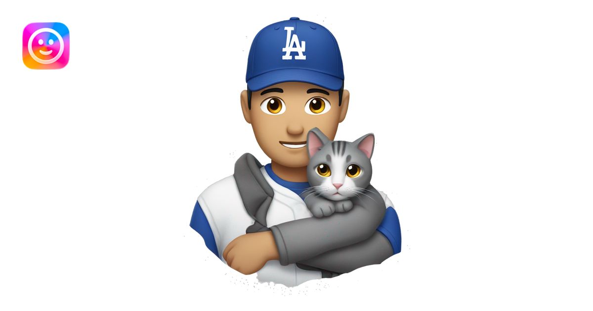 A gray cat cuddling an Asian man wearing a dodgers hat emoji | AI Emoji ...