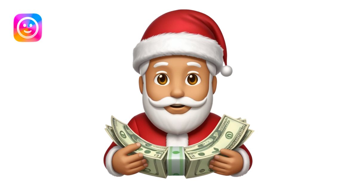 A confident rich emoji face wearing a Santa hat, money stacks, casino ...