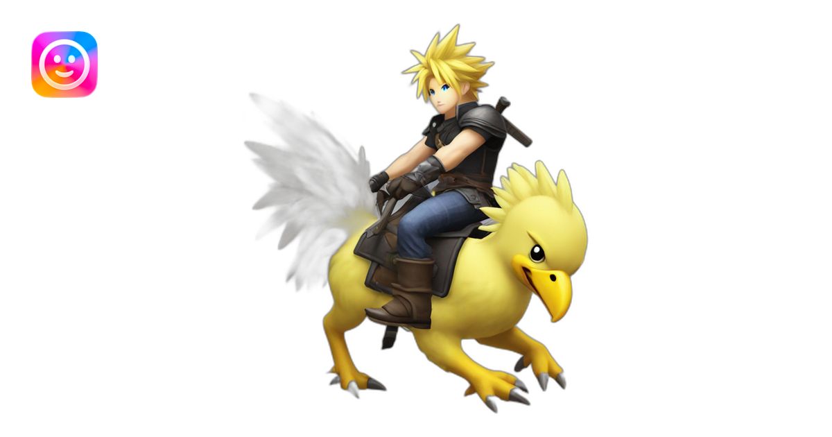 Cloud strife riding a 2 legs chocobo emoji | AI Emoji Generator