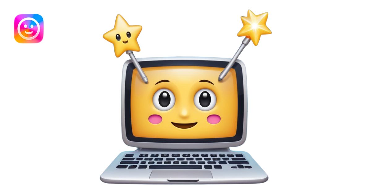 cheerful 2D cartoon emoji of a computer with friendly eyes and a magic ...