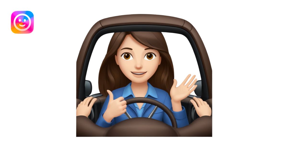 Brunette long hair driving car like crazy. Happy face confidence emoji ...
