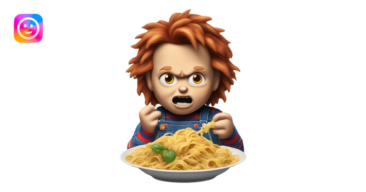 realistic chucky eating pasta emoji | AI Emoji Generator