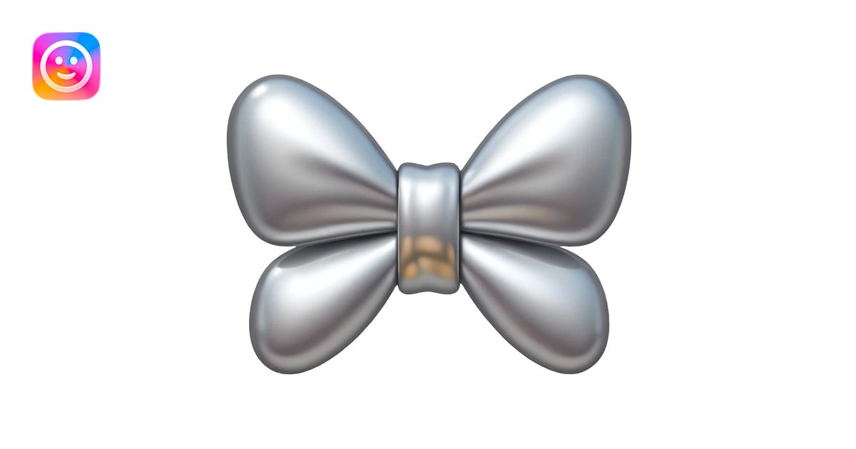 A cute bow emoji made of polished silver chrome, smooth rounded loops ...