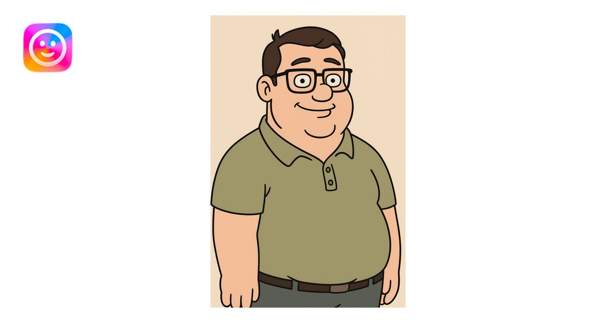 cartoon style male with short dark brown hair, glasses, stocky, greeny ...