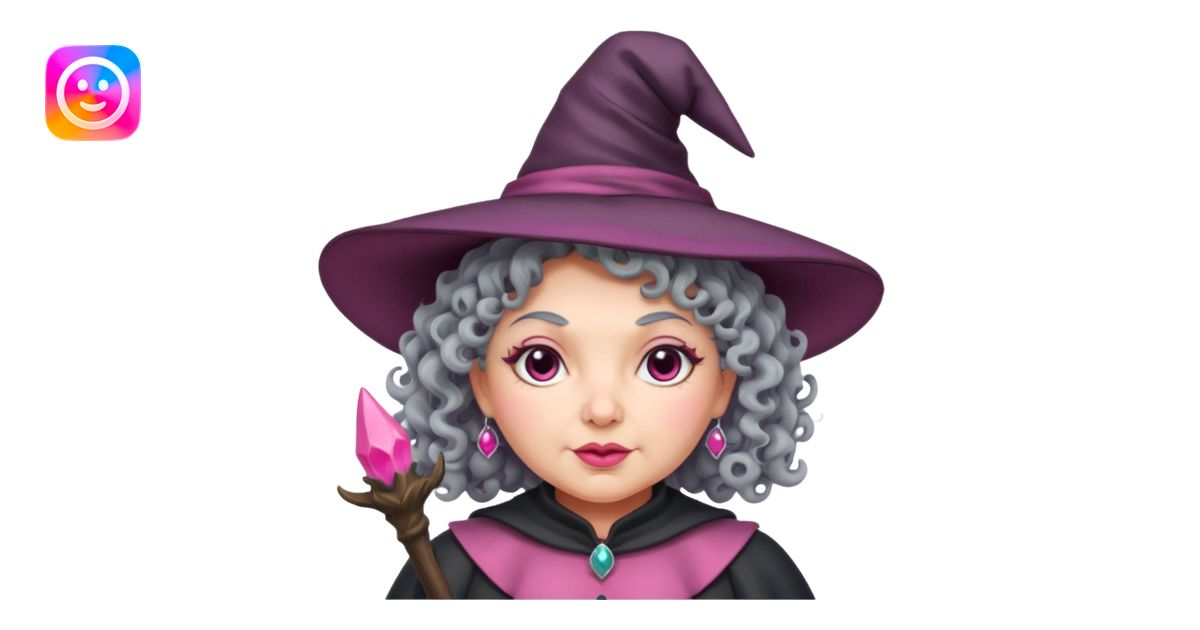plump witch with pink skin, grey curl hair emoji | AI Emoji Generator